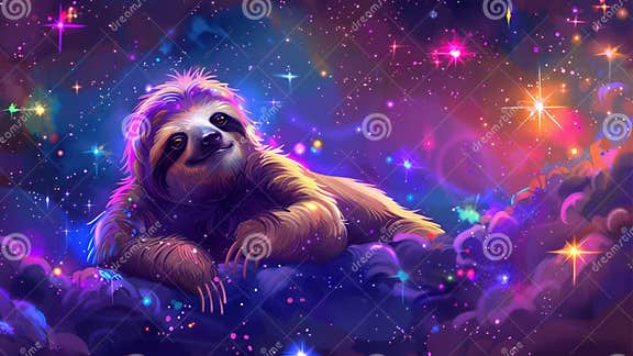 Cosmic Sloth on a Beautiful Dreamlike Cloud in a Fantasy Magical Forest ...