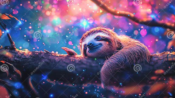 Cosmic Sloth on a Beautiful Dreamlike Tree Branch in a Fantasy Magical ...