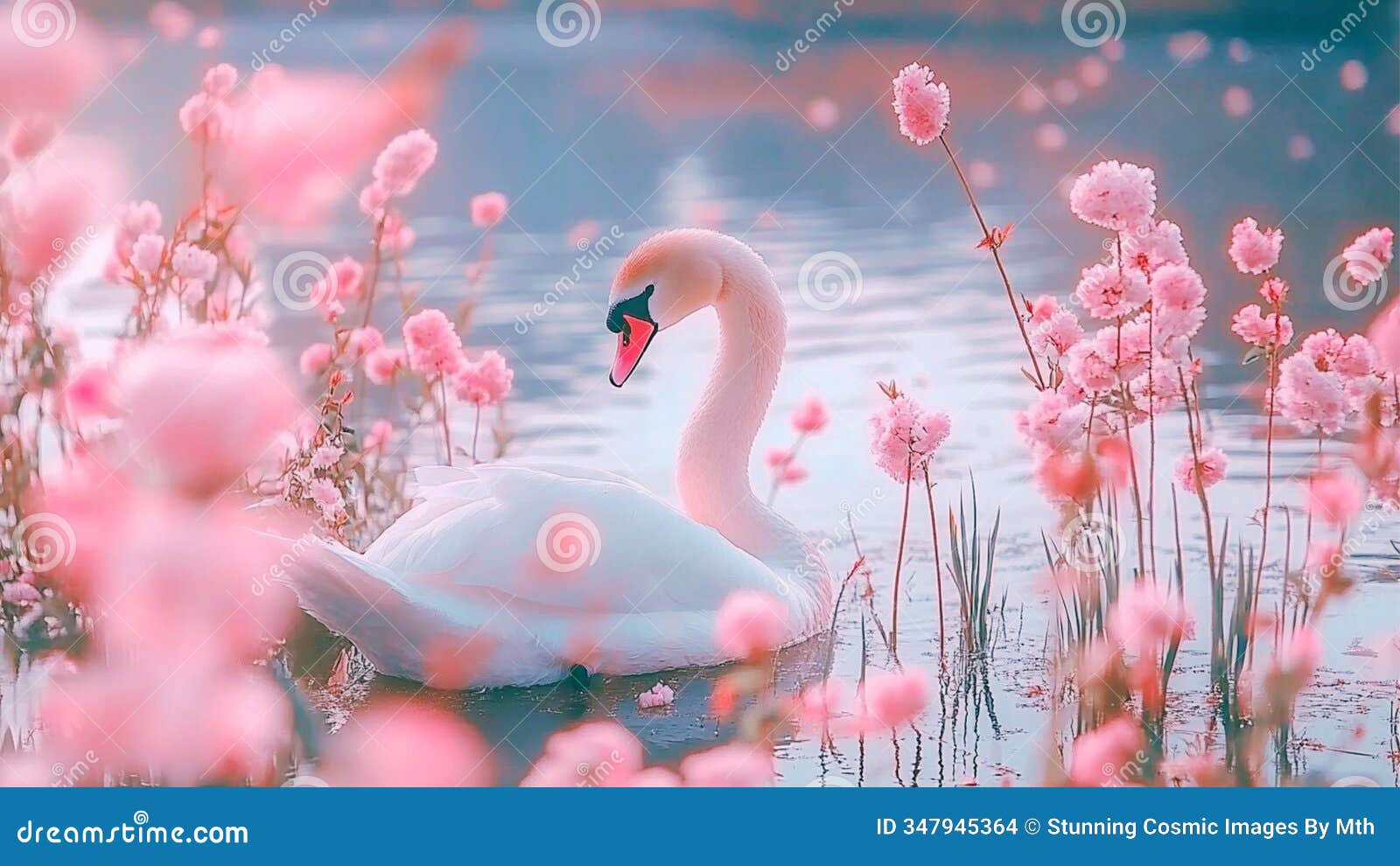 A Beautiful Delicate White Swan Swimming in a Beautiful Lake with Pink ...