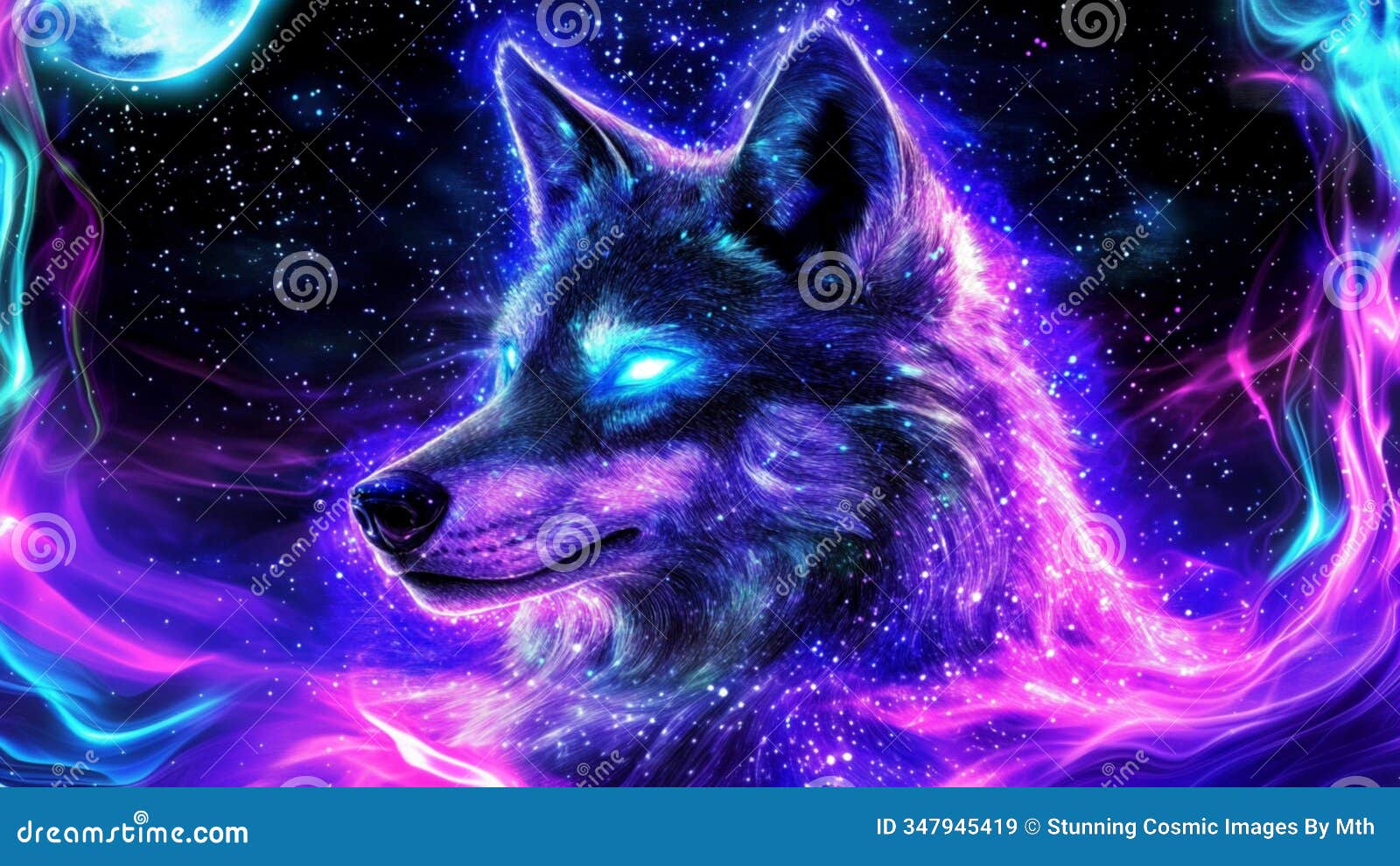 Cosmic Wolf with Bright Eyes in an Universe Background Stock ...