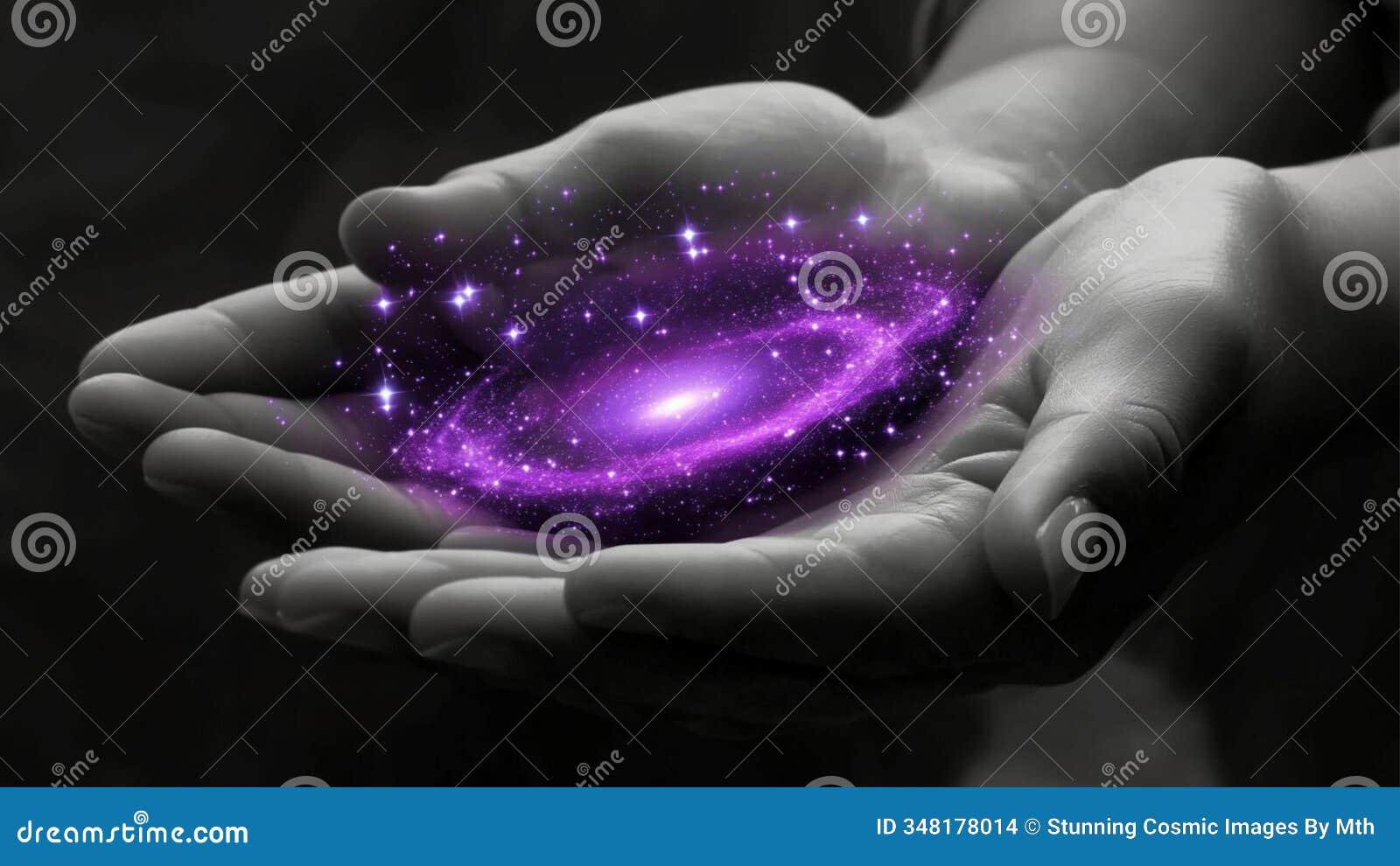 Palm of Hands Holding a Cosmic Glowing Purple Galaxy and Galactic Stars ...