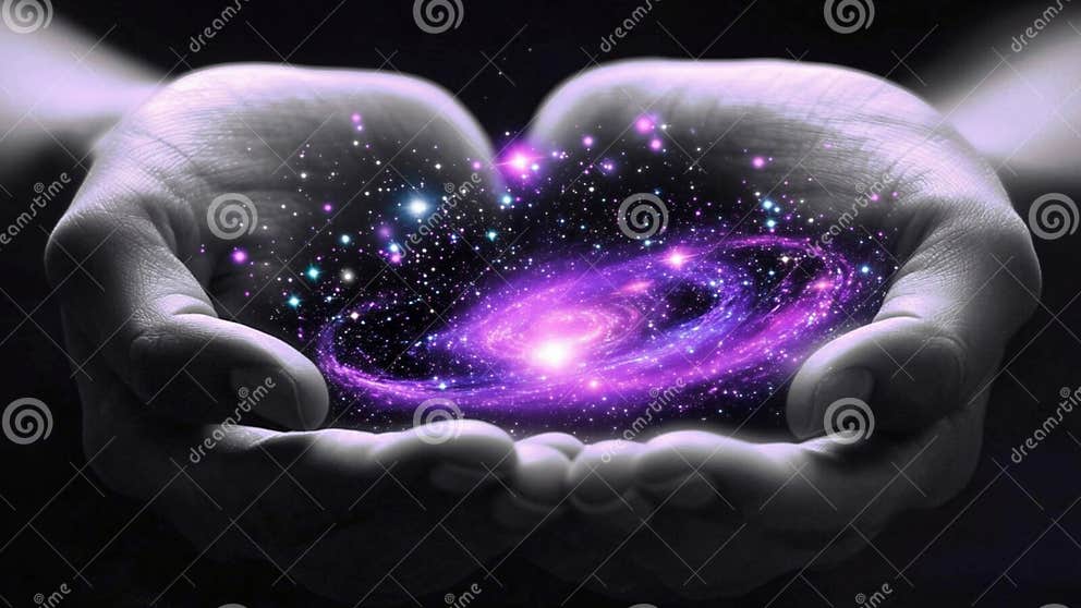 Palm of Hands Holding a Cosmic Glowing Purple Galaxy and Galactic Stars ...