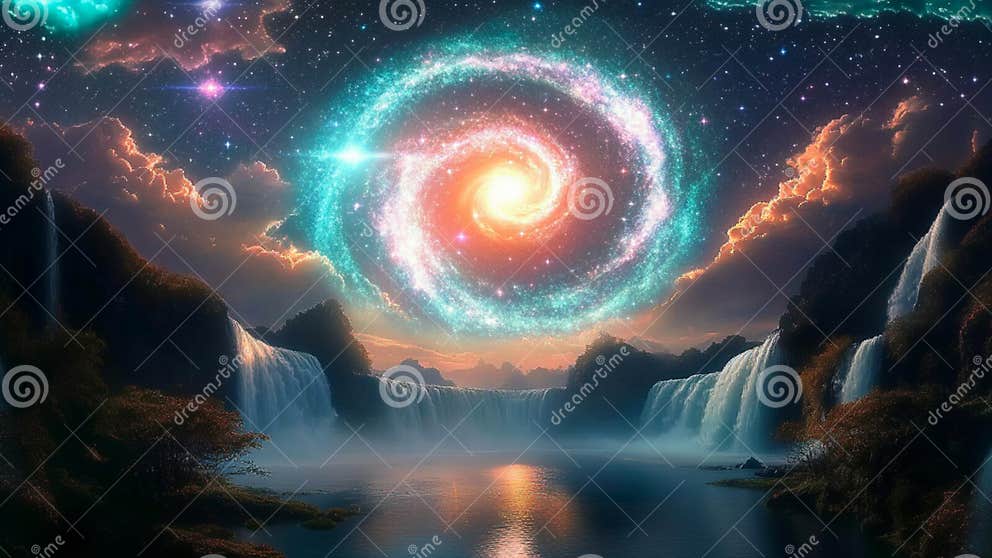 Nature Waterfalls, Rivers and Lakes Under a Cosmic Starry Sky with a ...
