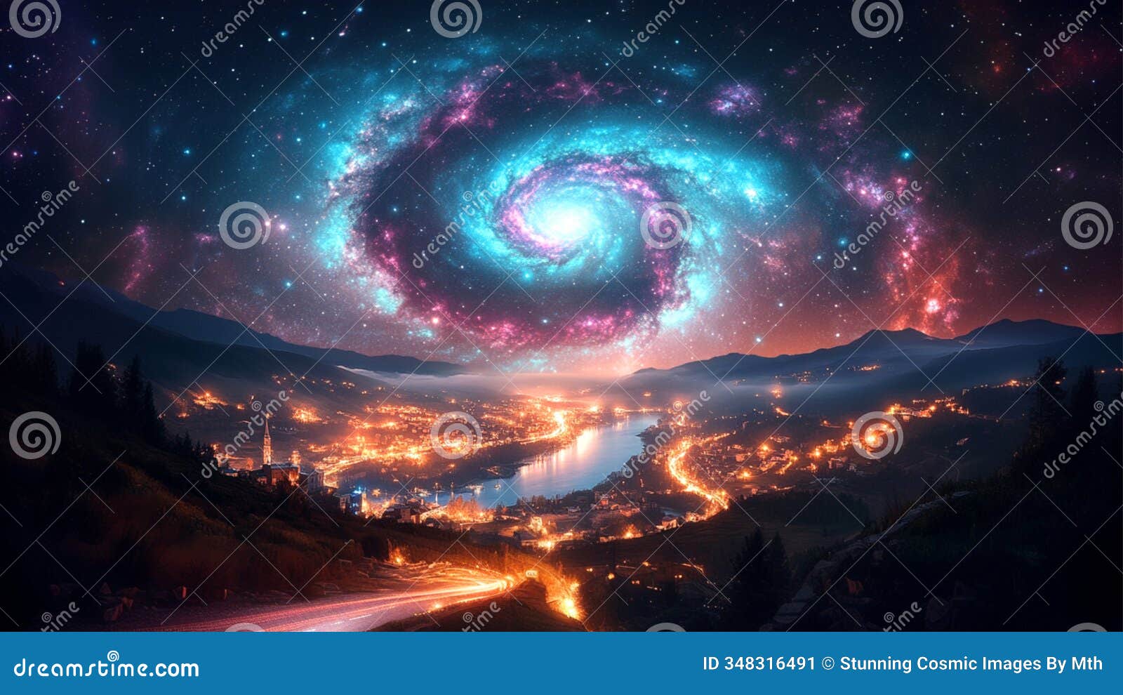 A City Citylights Under a Cosmic Starry Sky with a Bright Colorful ...