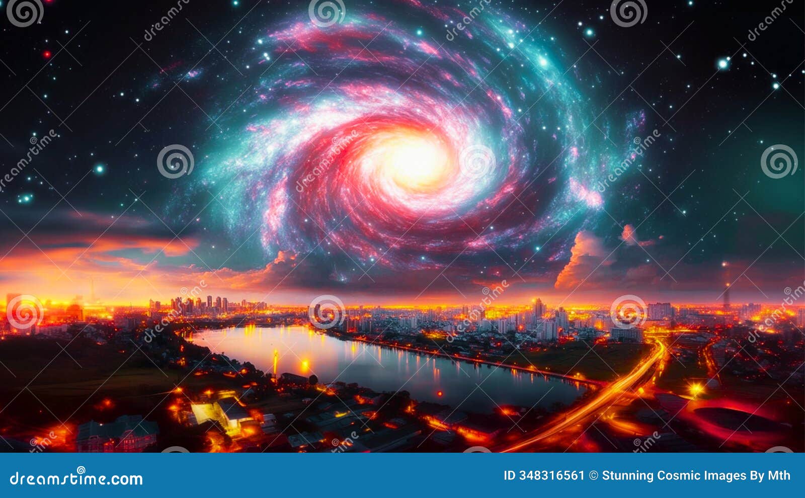 A City Citylights Under a Cosmic Starry Sky with a Bright Colorful ...