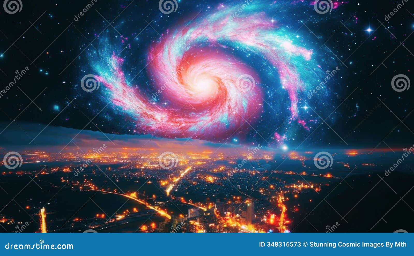 A City Citylights Under a Cosmic Starry Sky with a Bright Colorful ...