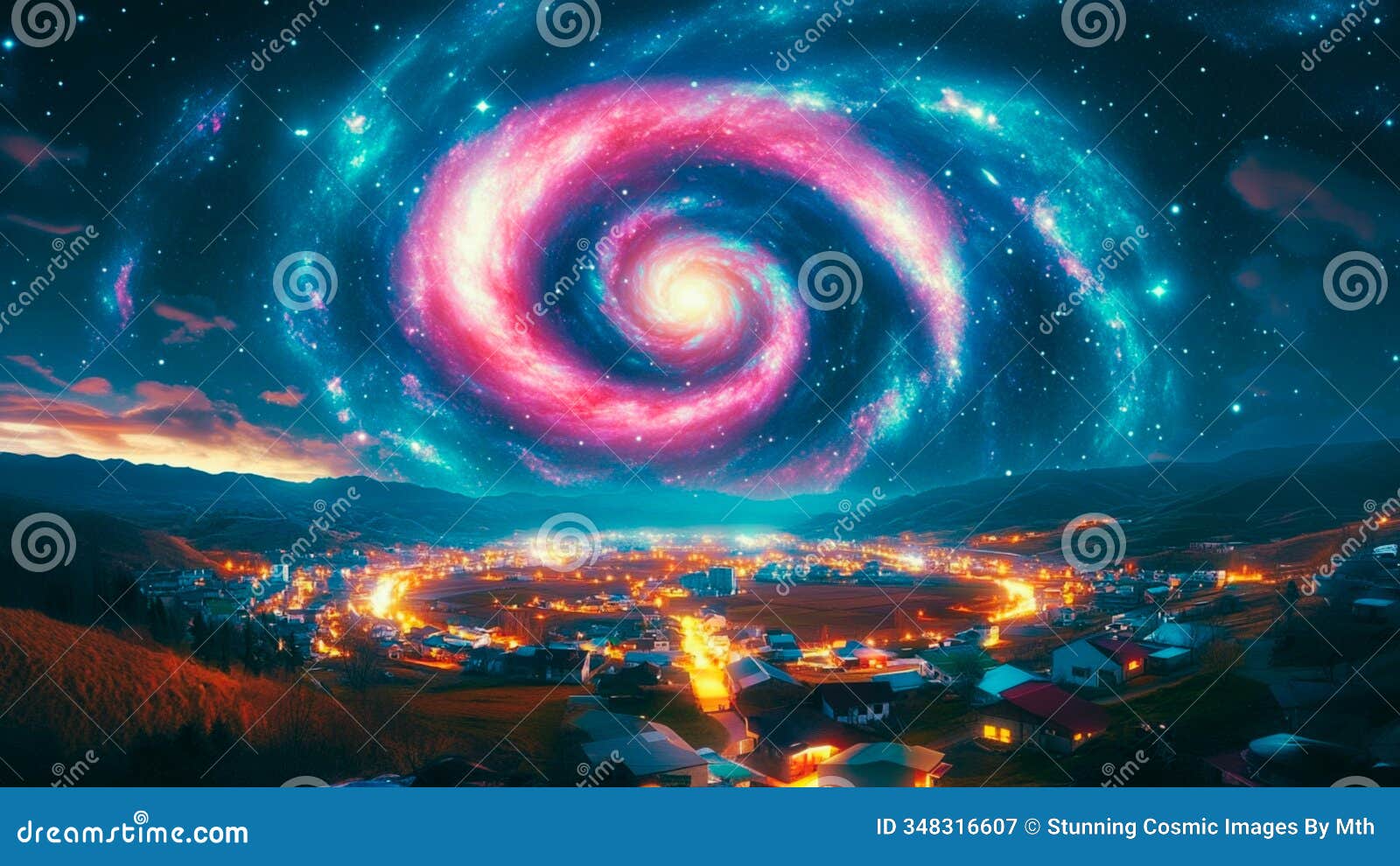 A City Citylights Under a Cosmic Starry Sky with a Bright Colorful ...