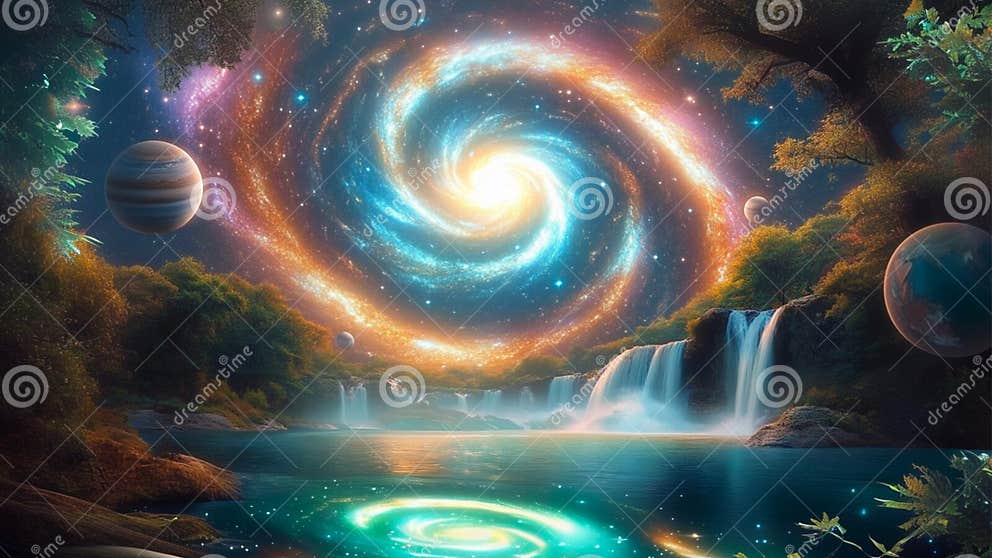 Nature Waterfalls, Rivers and Lakes Under a Cosmic Starry Sky with a ...