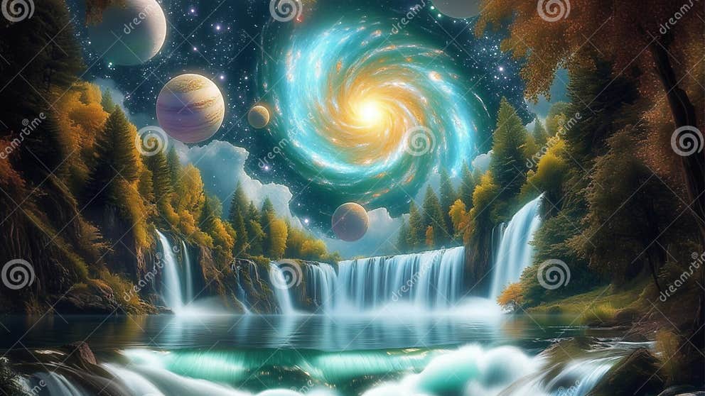 Nature Waterfalls, Rivers and Lakes Under a Cosmic Starry Sky with a ...