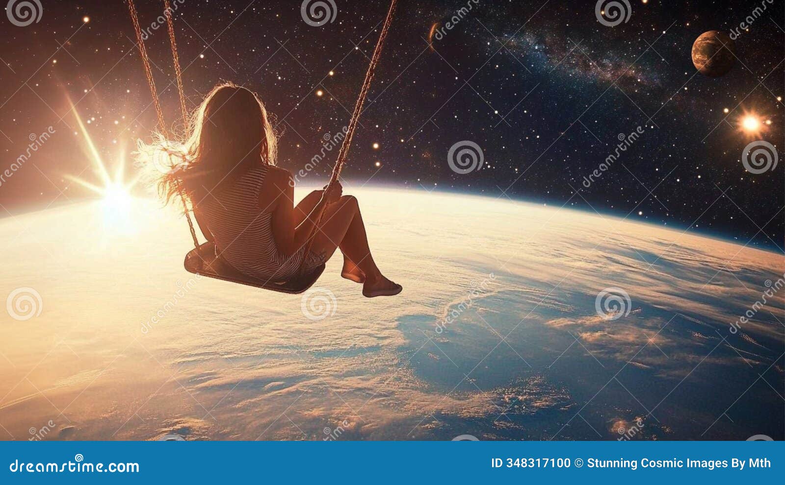 A Little Girl Dreaming of Riding a Magical, Fantasy, Cosmic Swing in a Dreamy Universe with ...