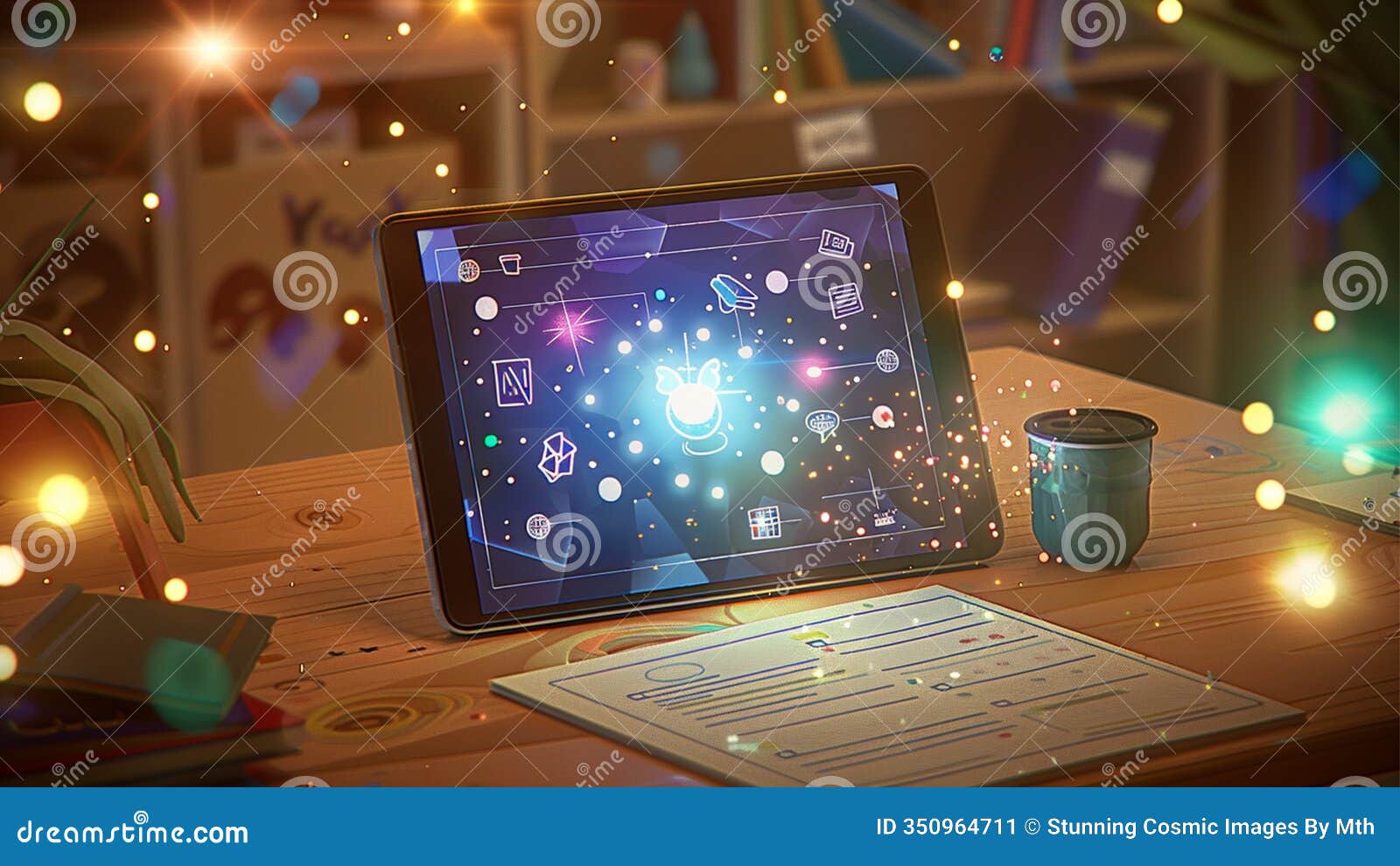 Futuristic Office Library Desk and a High Tech Holographic Ipad Tablet ...