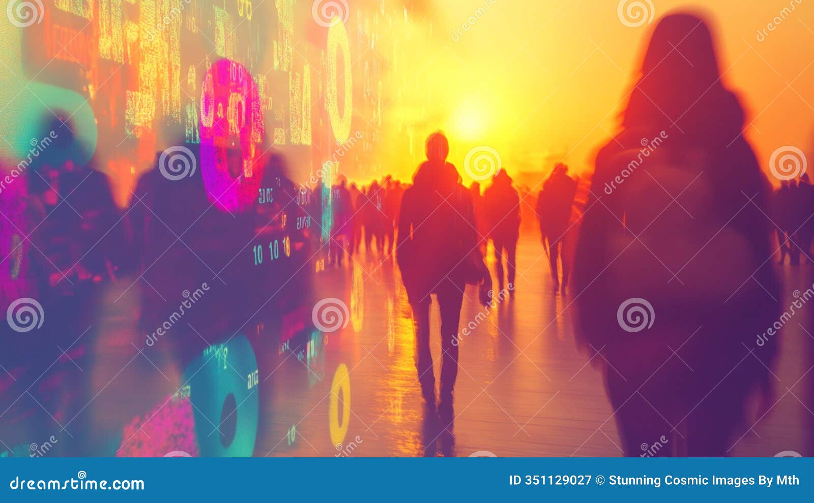 Group of People Silhouettes Walking at Sunset Sunrise and Numbers ...
