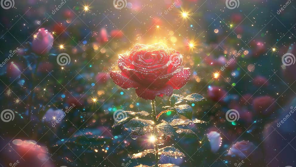 Fantasy Fairytale Magical Red Rose Garden Under a Golden Sunshine ...