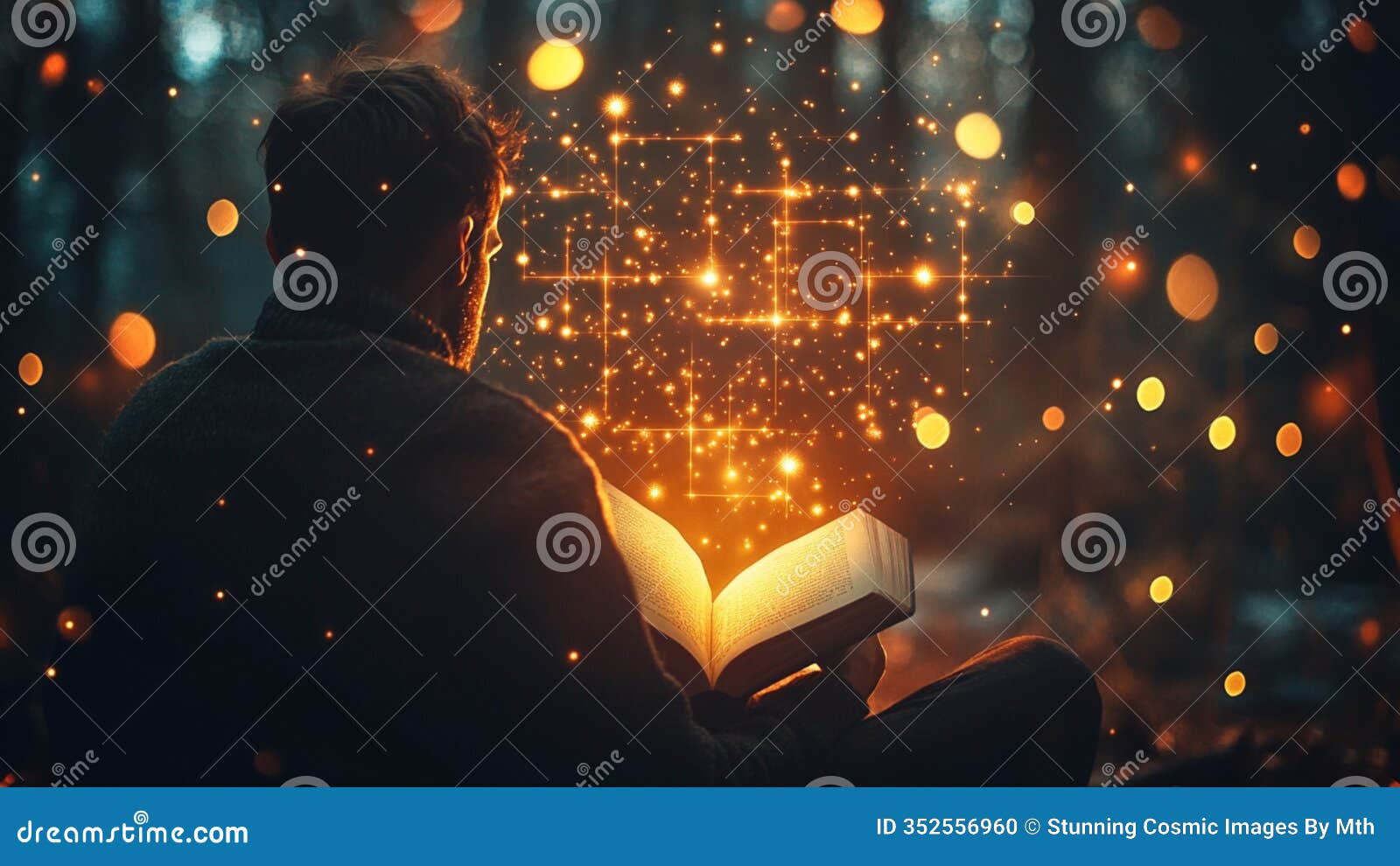 A Man Opening a Magical Fantasy Book of Spells with Golden Glitters ...