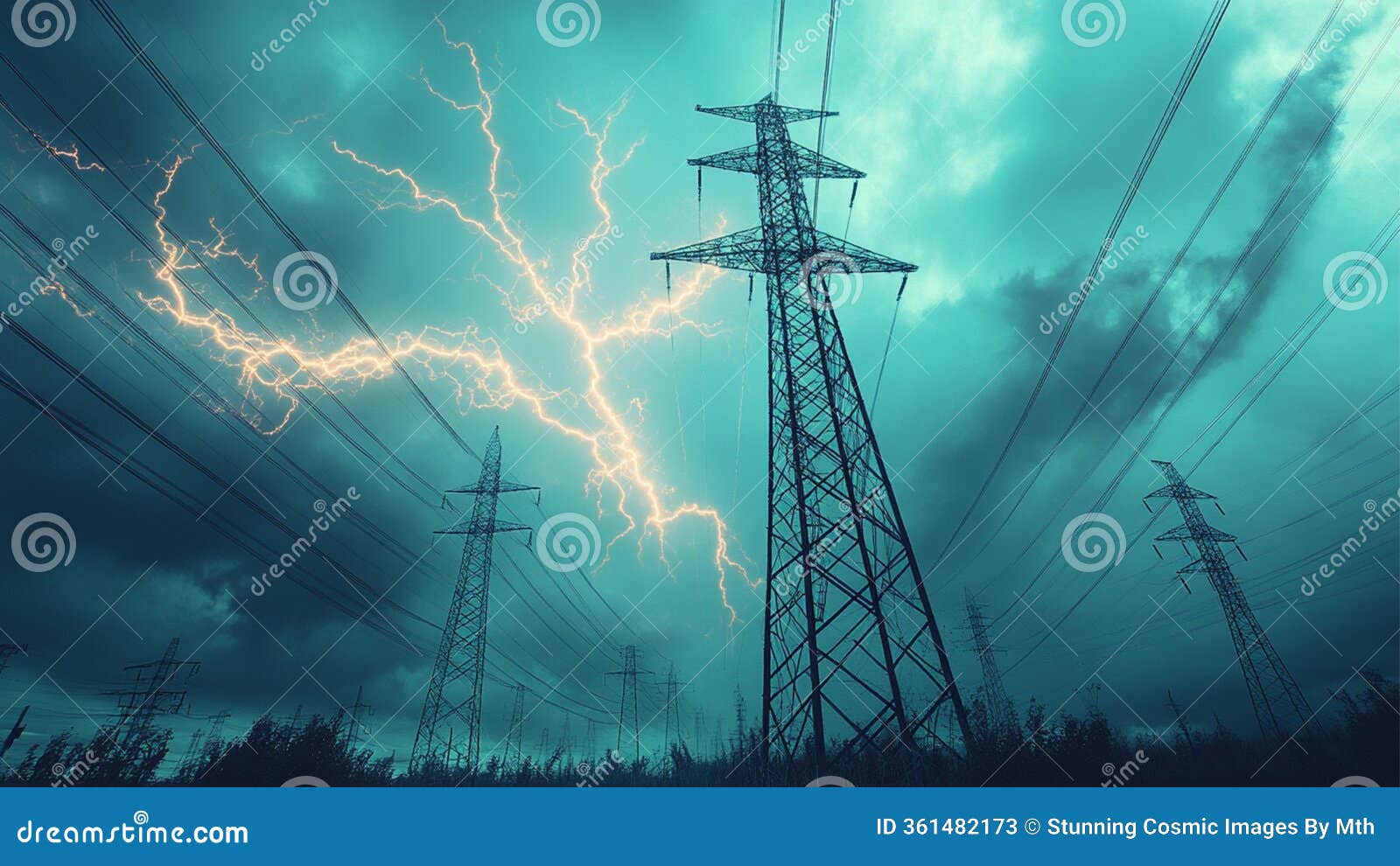 Bright Electric Thunder Lightning Striking an Electricity Pole during a ...