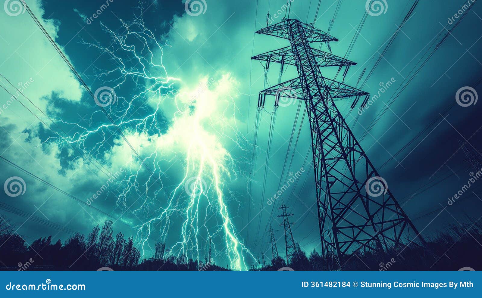 Bright Electric Thunder Lightning Striking an Electricity Pole during a ...