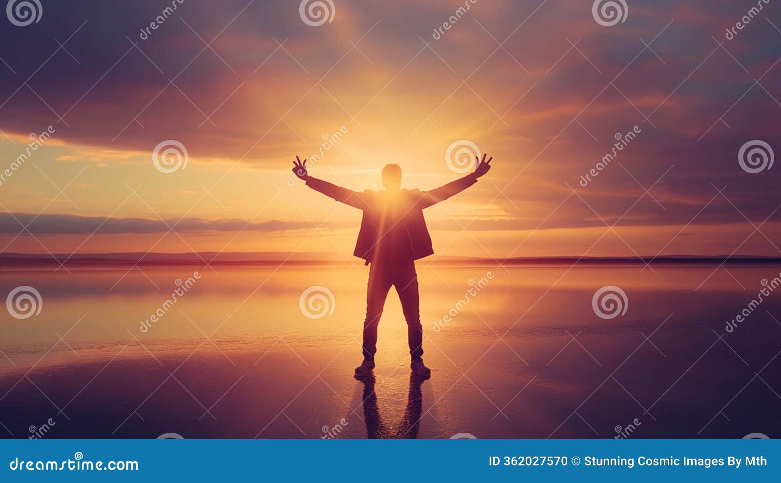 Joyous Man Smiling at the Beach at Sunset Making a Peace Sign with His ...
