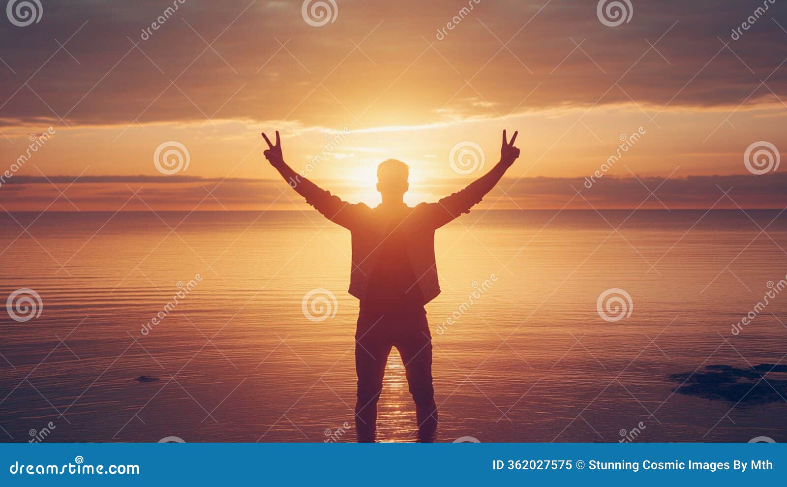 Joyous Man Smiling at the Beach at Sunset Making a Peace Sign with His ...