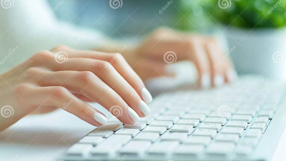 Female Hands Wearing Delicate Nail Polish Writing and Typing on a ...