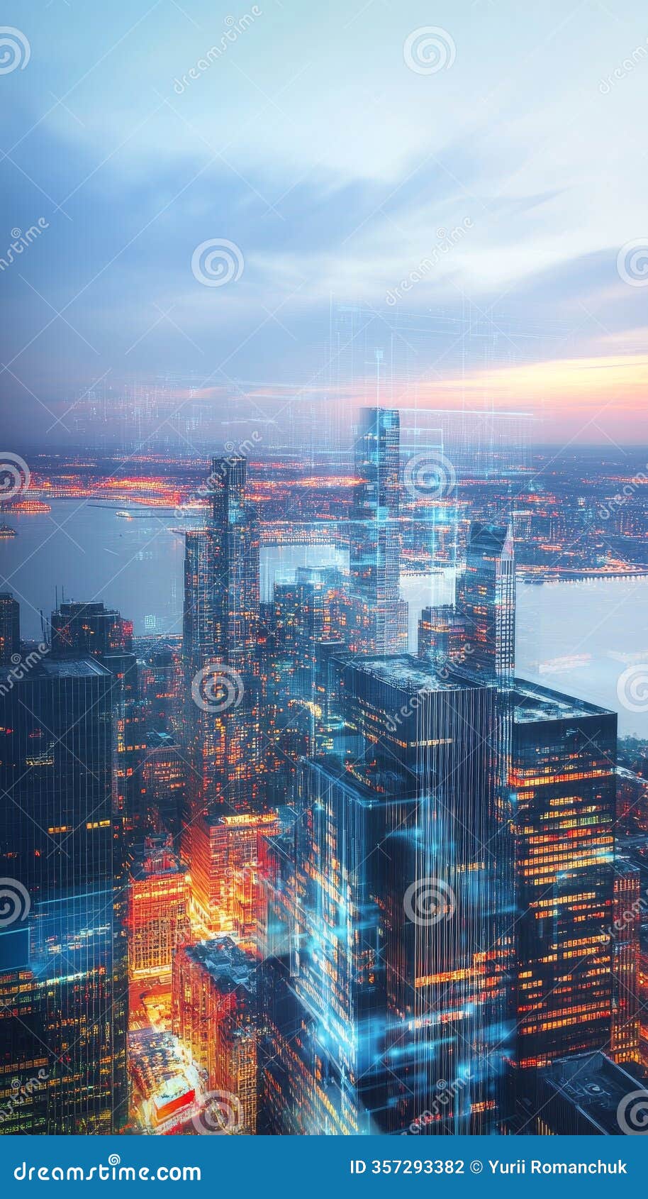 Stunning Dawn View of Modern City Skyline with Digital Overlays ...