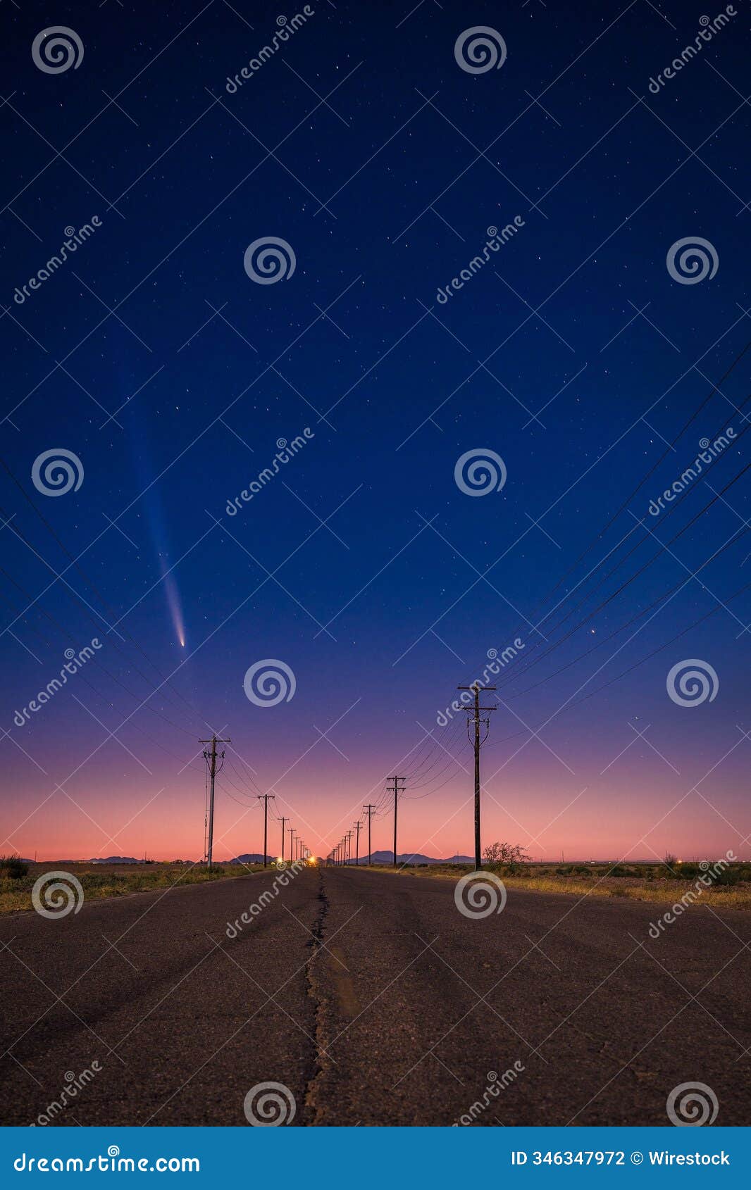 Stunning Desert Road at Dusk with a Comet Visible in the Starry Sky ...