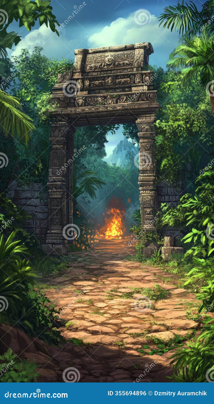 A Stunning, Dreamlike Tropical Scene Featuring an Ancient Gate, a ...