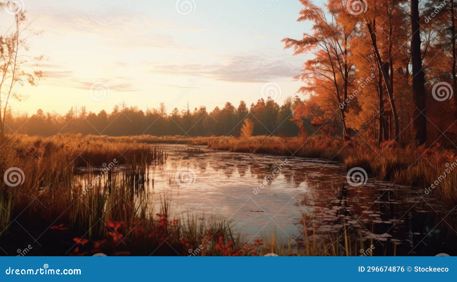 Stunning Fall Scenery: Unreal Engine Rendered Pond at Sunset Stock ...