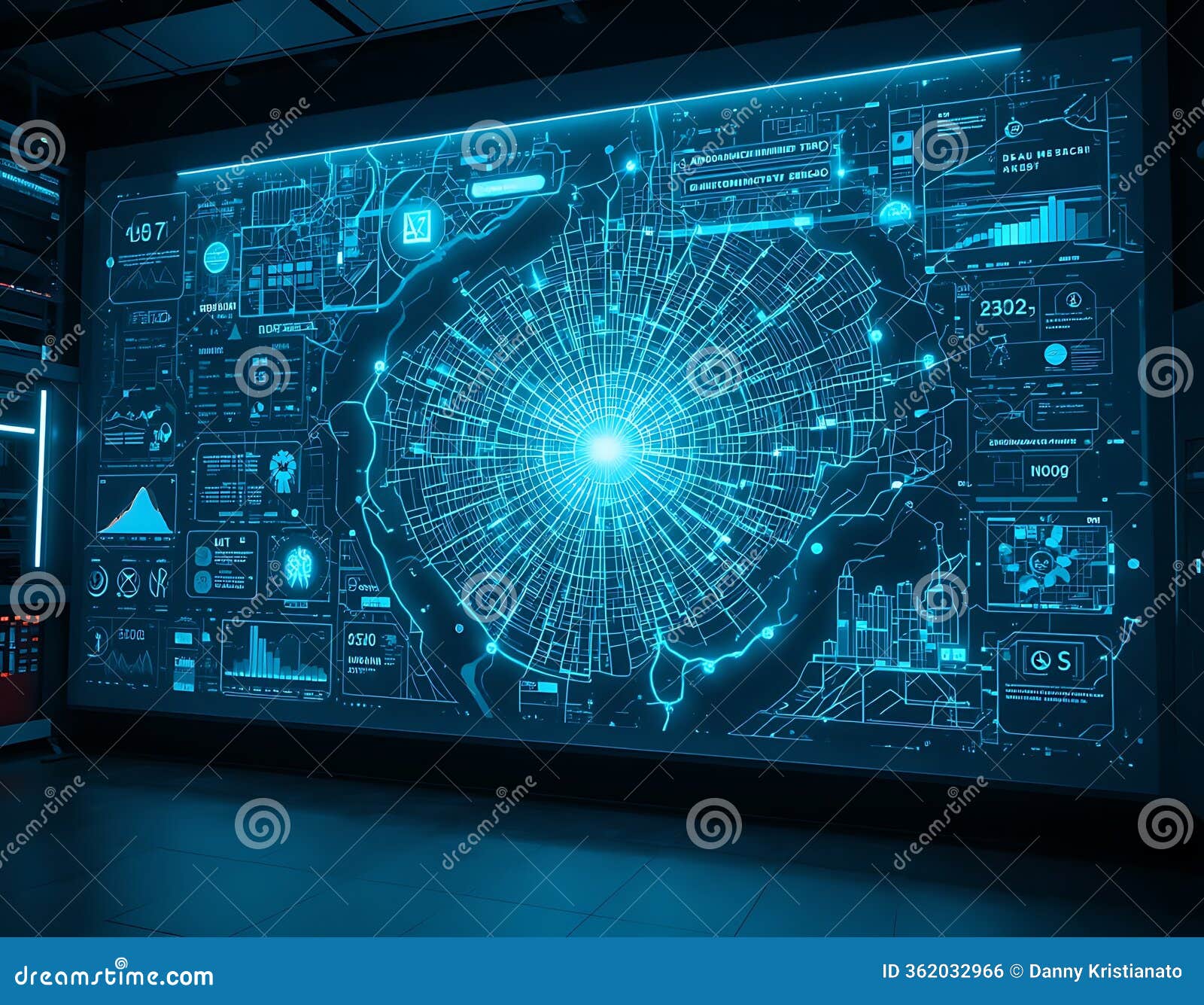 Stunning Futuristic City Map Data Visualization on Huge Screen Stock ...