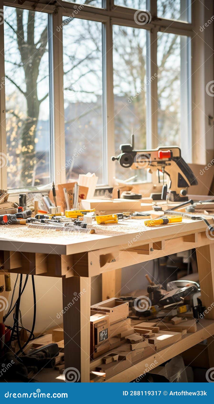 Artistic Haven: a Sunlit Workbench with Tools and Crafts Stock ...