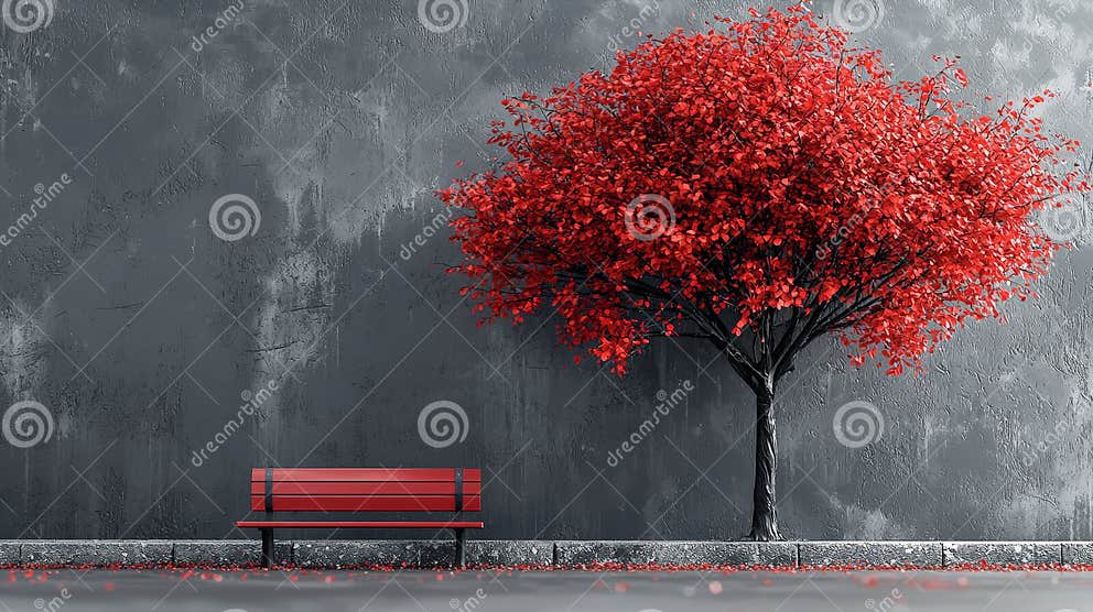 A Stunning Hyper-realistic Image of a Vibrant Red Tree beside a Simple ...