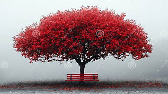 A Stunning Hyper-realistic Image of a Vibrant Red Tree beside a Simple ...