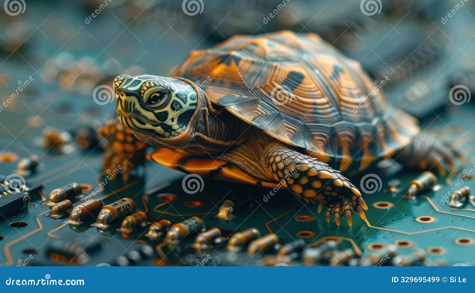 Metallic Turtle on Blue Circuit Board: Harmony of Nature and Technology ...