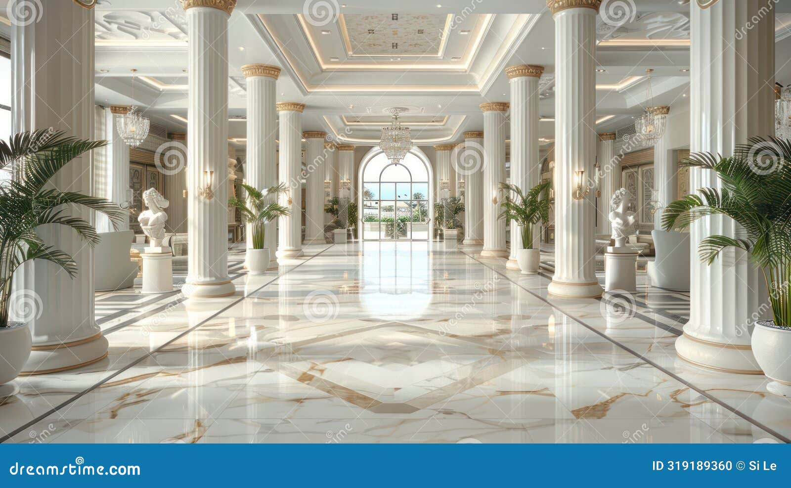 Luxury Hotel Lobby with Classical Columns, White Marble Ambience, and ...