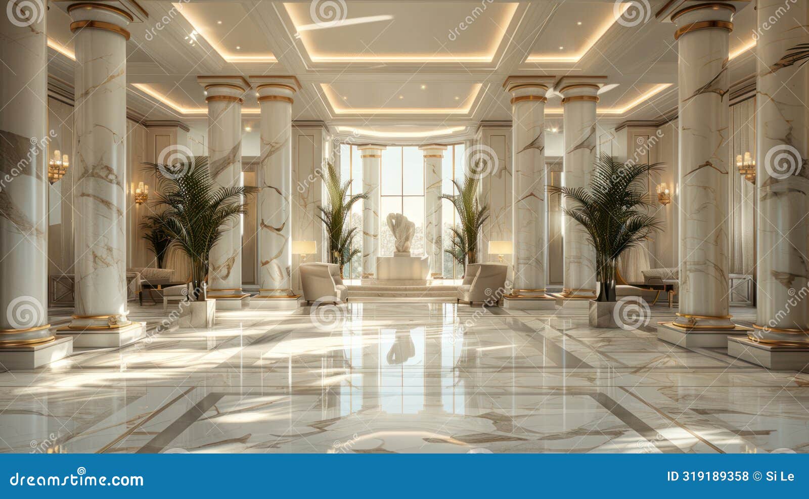 Luxury Hotel Lobby with Classical Columns, White Marble Ambience, and ...