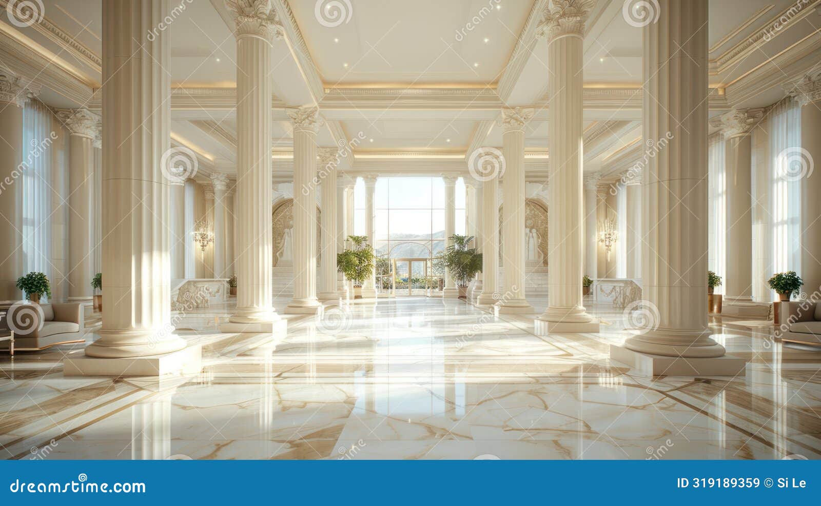 Luxury Hotel Lobby with Classical Columns, White Marble Ambience, and ...