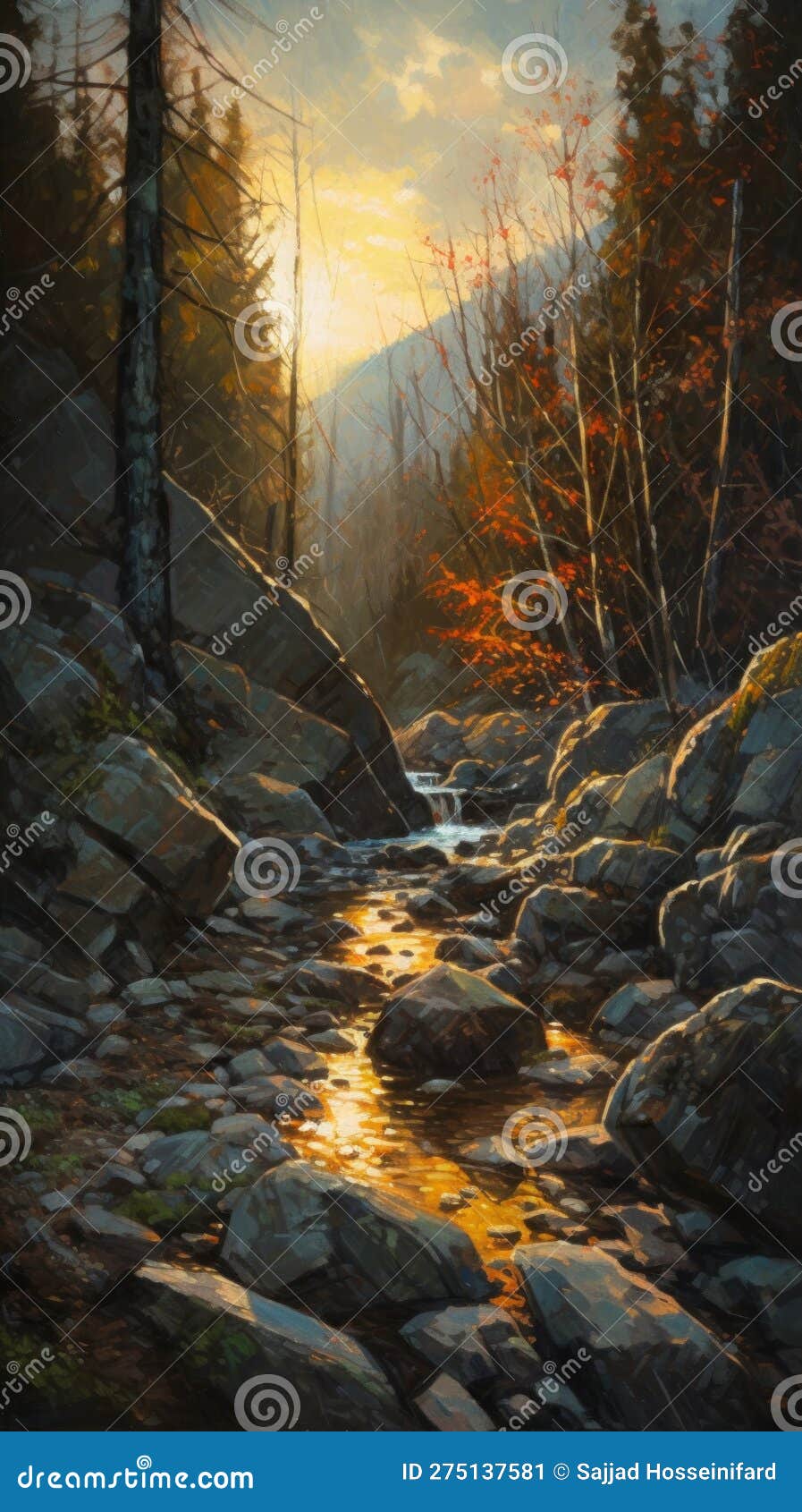 Hyper-detailed Sunset Landscape with Stream and Birch Trees Stock ...