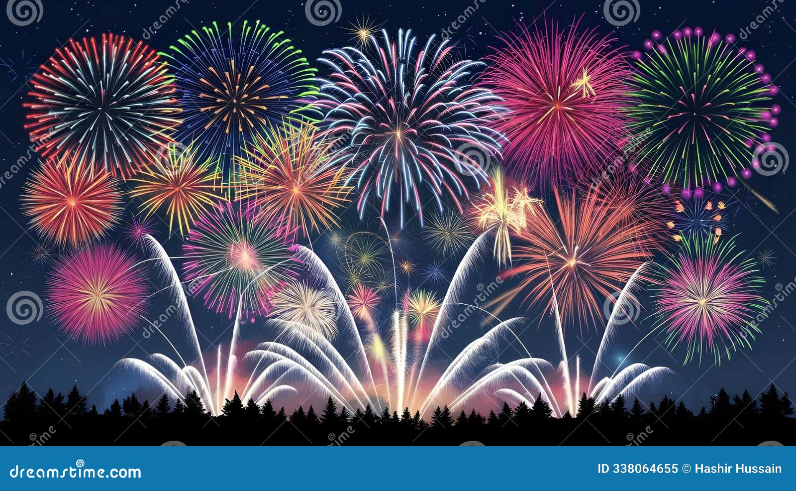 Festive Fireworks Display Over Silhouetted Trees Stock Illustration ...
