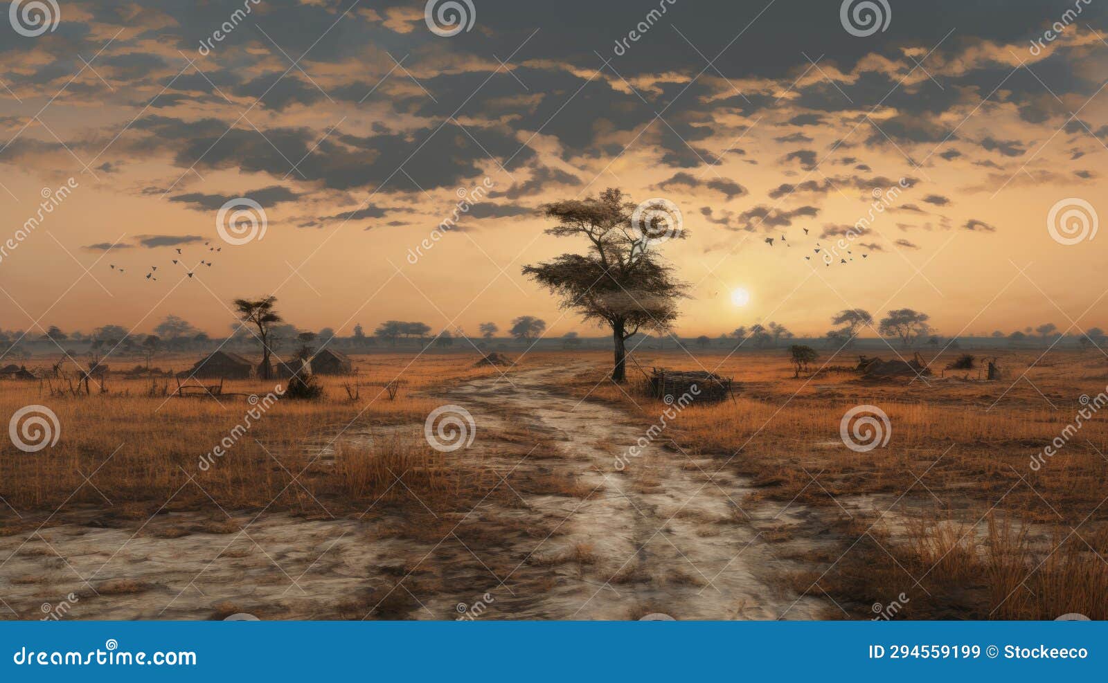 African-inspired Desert Landscape with Trees and Road Stock ...