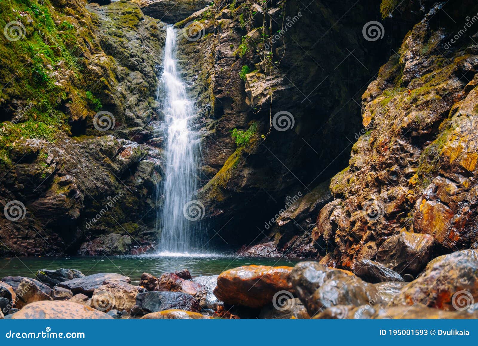 Landscape with a Mountain Waterfall, Water Flow at a Long Exposure ...