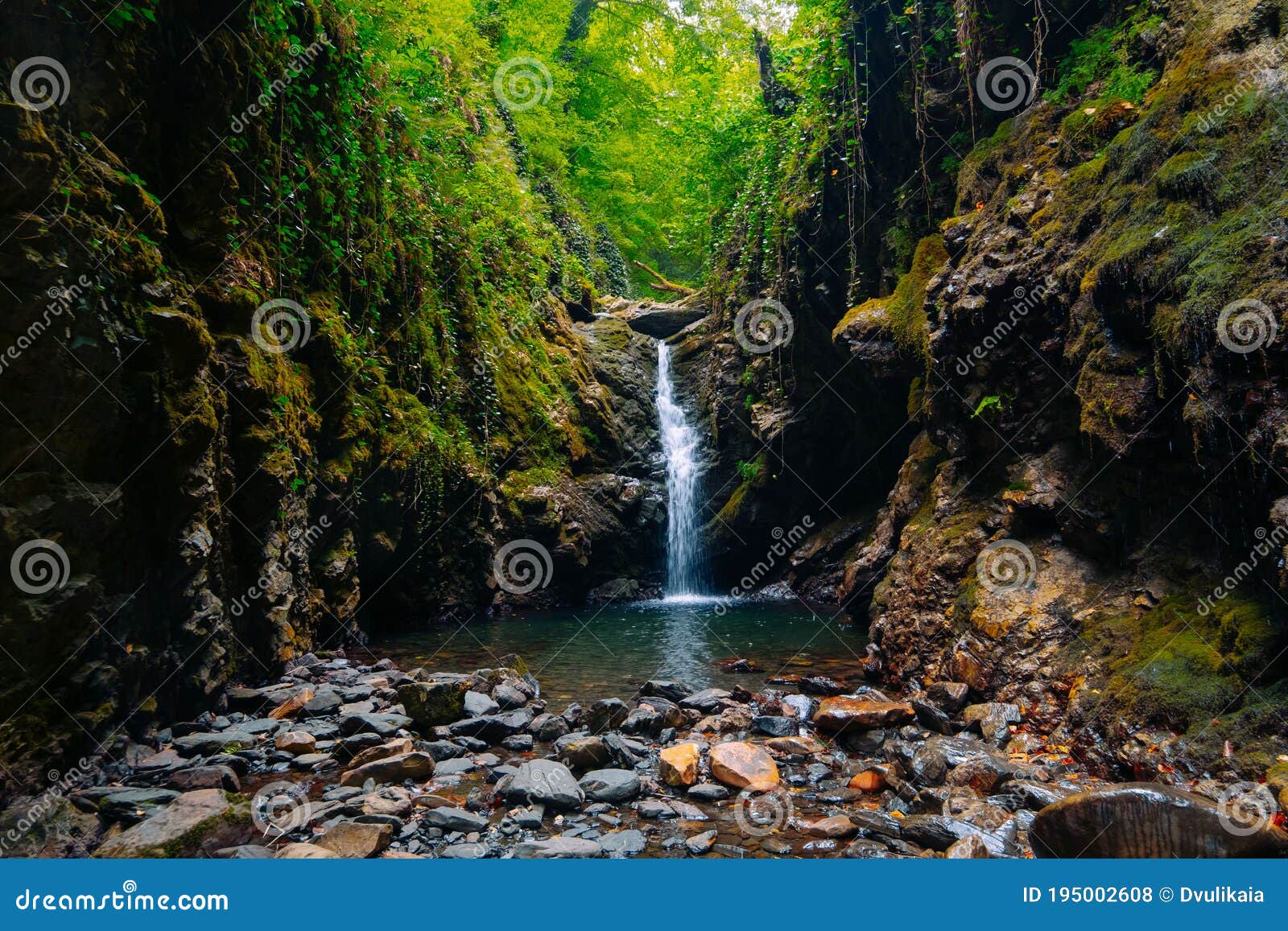 Landscape with a Mountain Waterfall, Water Flow at a Long Exposure ...