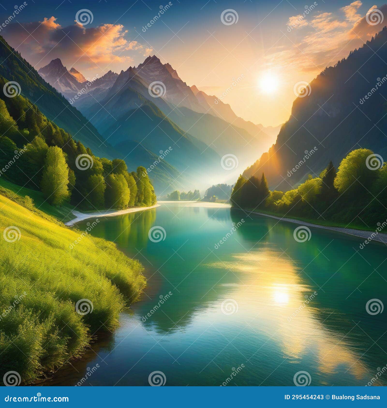 Stunning Landscape with River and Created with Stock Illustration ...
