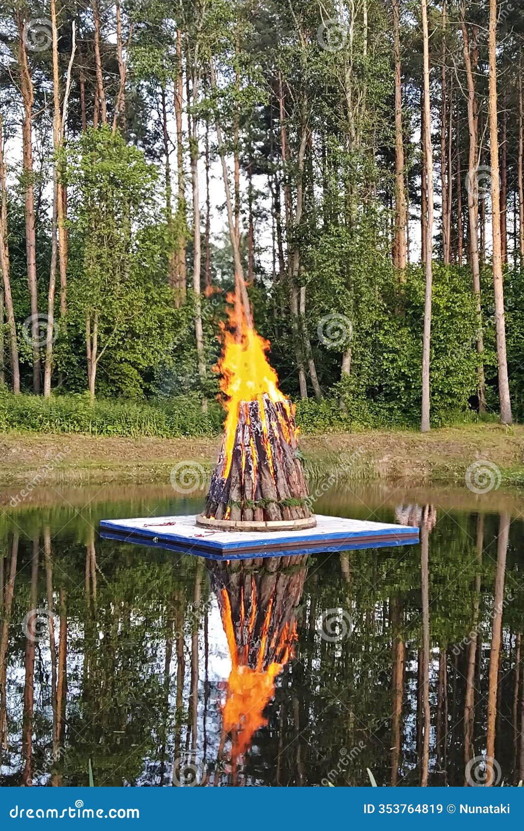 Stunning Midsummer Bonfire Burning on Floating Platform in the Middle ...