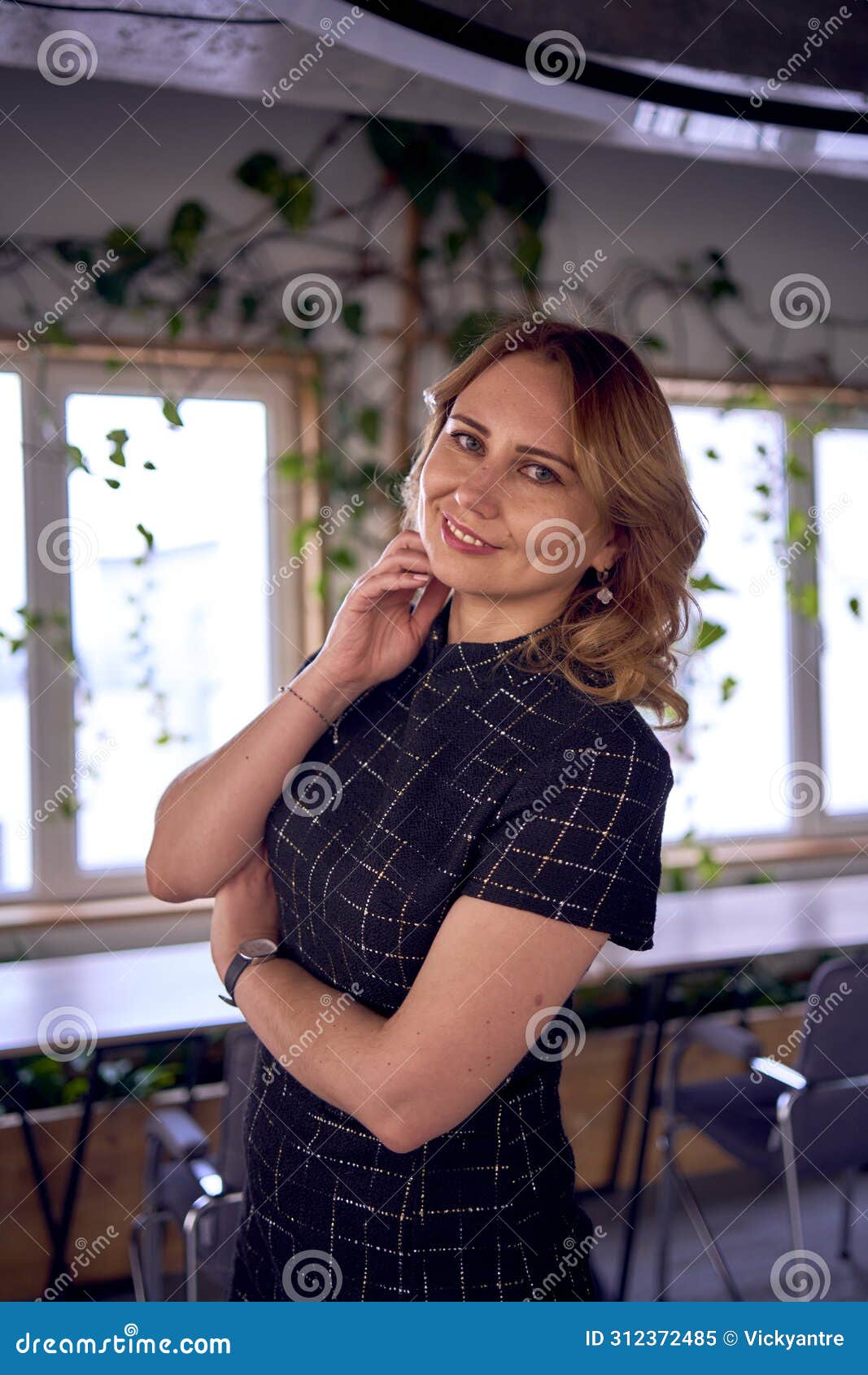 Stunning Model in Business Mini Dress Posing in Modern Office Space ...