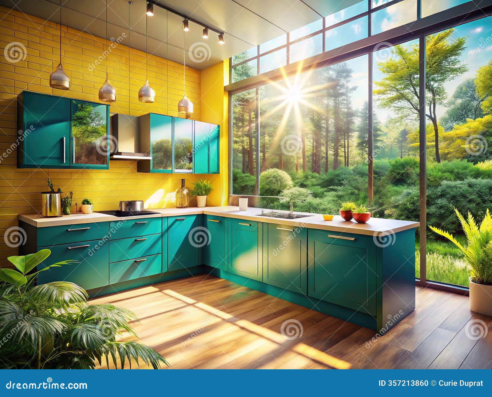 Stunning Modern Kitchen Design with Garden View a Double Exposure 3D ...