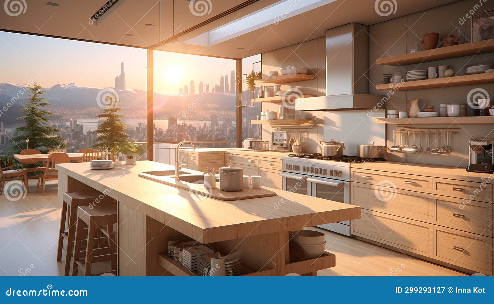 Stunning Modern Kitchen with Large Window in a Skyscraper Overlooking ...