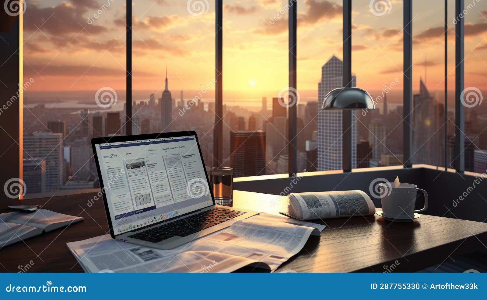 Modern Office: Sunset Cityscape, Laptop, and Financial News Stock ...