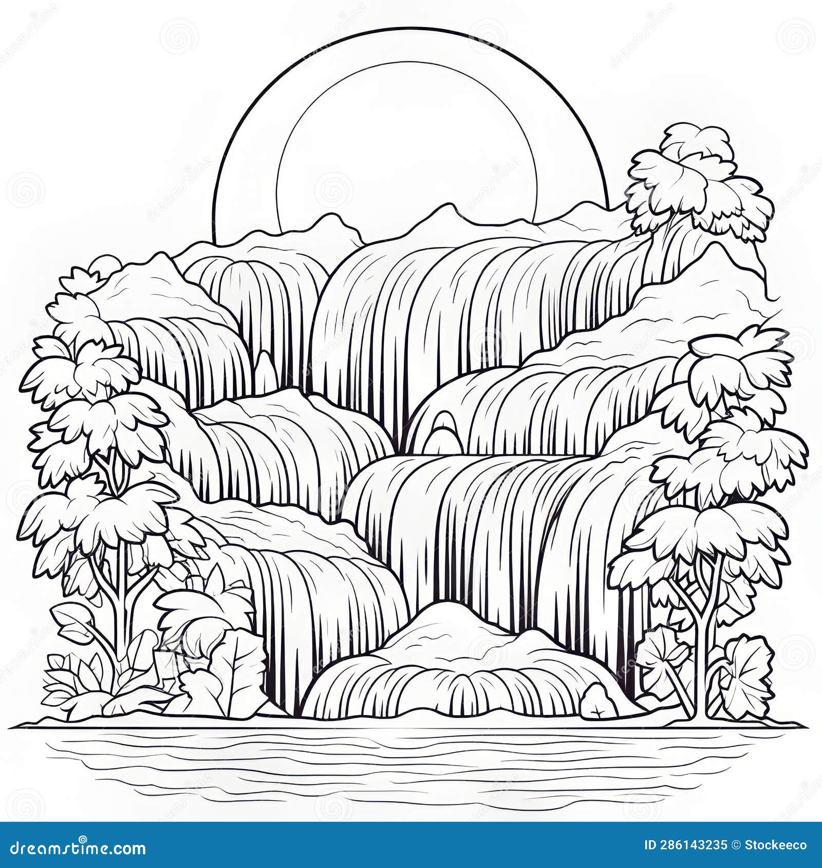 Moon Scene Coloring Page with Cascading Waterfall Stock Illustration ...