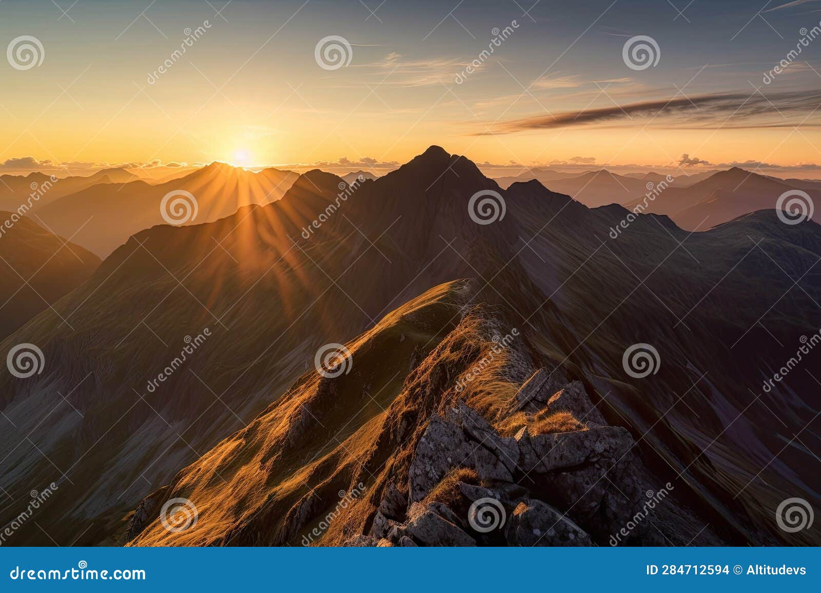 Stunning Mountain Range, with the Sun Setting Beyond the Peaks, Viewed ...