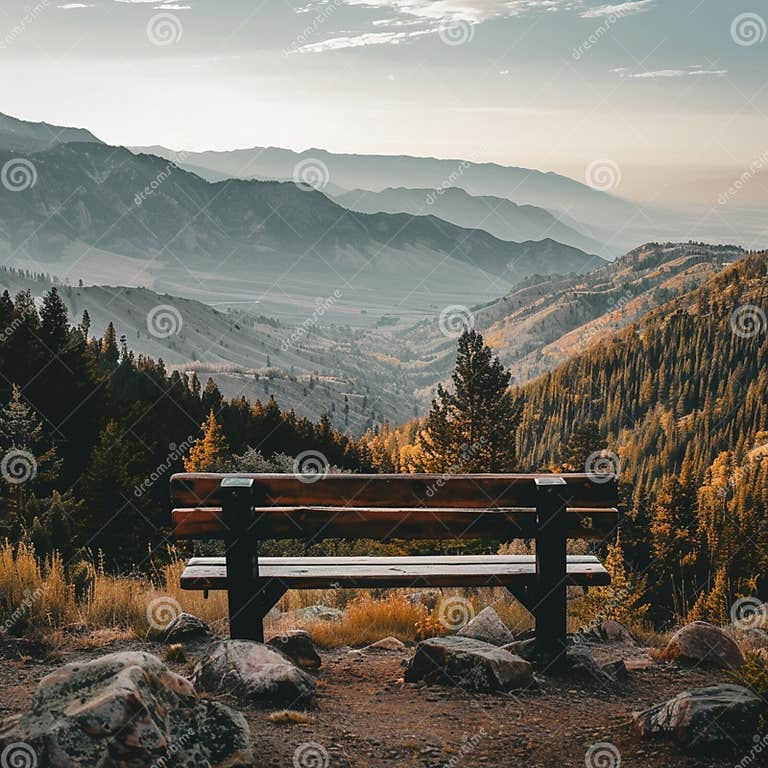 Stunning Mountain View from a Scenic Bench Stock Illustration ...