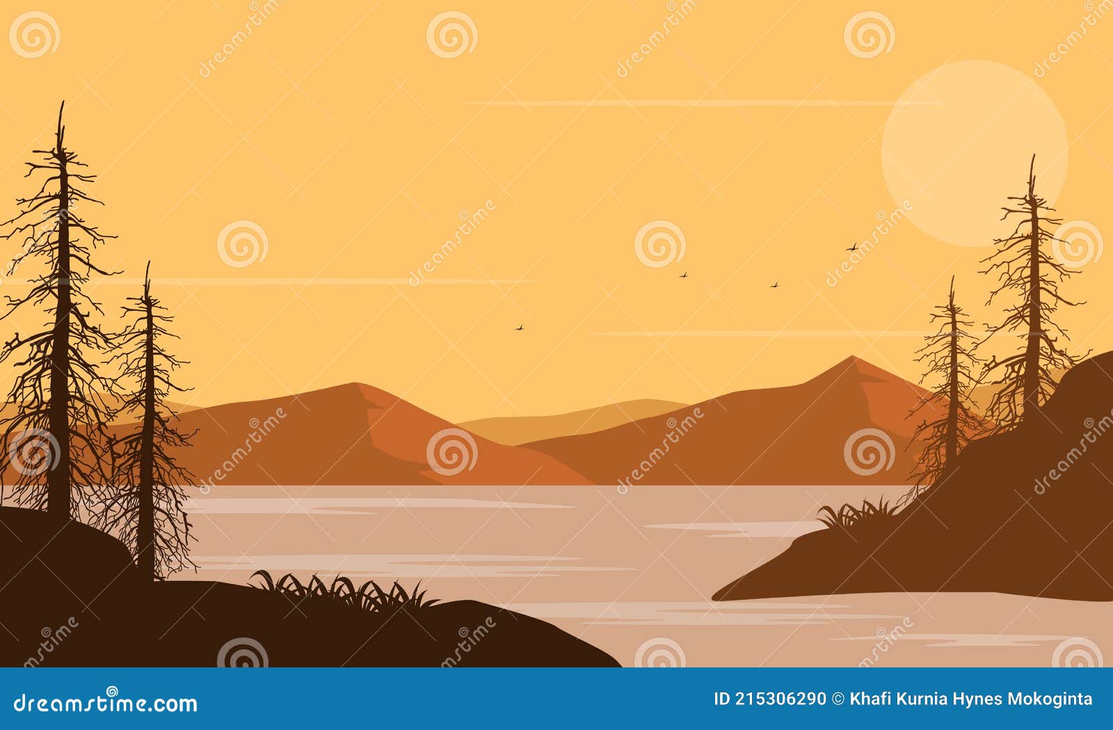 Stunning Mountain Views at Sunset from the Riverside. Vector ...